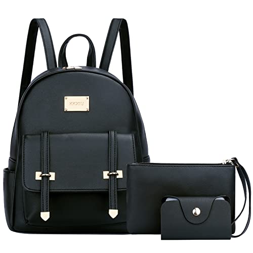 KKXIU 3pcs Fashion Small Synthetic Leather Backpack Purse Cute Mini Bookbag for Women and Girls (Black)