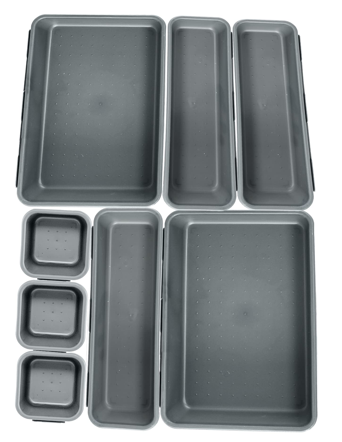 HOME-X Connecting Organizer Trays, Set of Interlocking Adjustable Trays for Organizing Office Supplies and Kitchen Utensil Drawers, Set of 8, 3 Sizes, Gray
