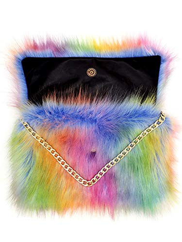 FHQHTH Faux Fox Fur Purse Fuzzy Handbags for Women Foldover Evening Bags Al alloy Shoulder Strap [Rainbow colors]