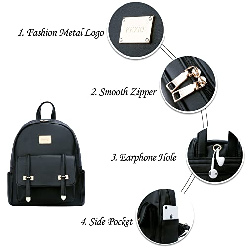 KKXIU 3pcs Fashion Small Synthetic Leather Backpack Purse Cute Mini Bookbag for Women and Girls (Black)