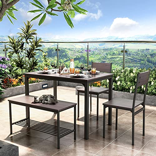 soges 4 Person Dining Table Set,43.3 inch Kitchen Table Set for 4,2 Chairs with Backrest,2-Person Bench with Storage Rack,Nesting Furniture Set for Dining Room and Restaurant, Rustic Oak GCCZ1008