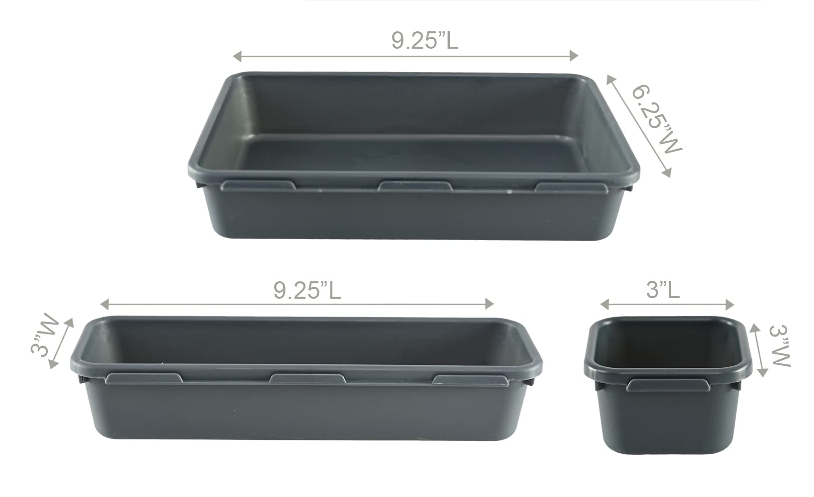 HOME-X Connecting Organizer Trays, Set of Interlocking Adjustable Trays for Organizing Office Supplies and Kitchen Utensil Drawers, Set of 8, 3 Sizes, Gray