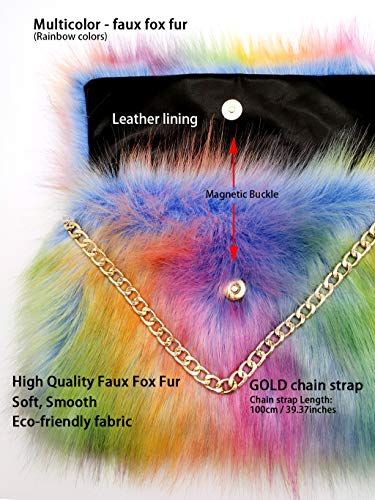 FHQHTH Faux Fox Fur Purse Fuzzy Handbags for Women Foldover Evening Bags Al alloy Shoulder Strap [Rainbow colors]