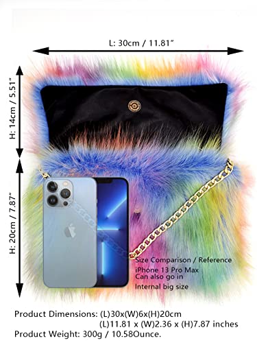 FHQHTH Faux Fox Fur Purse Fuzzy Handbags for Women Foldover Evening Bags Al alloy Shoulder Strap [Rainbow colors]