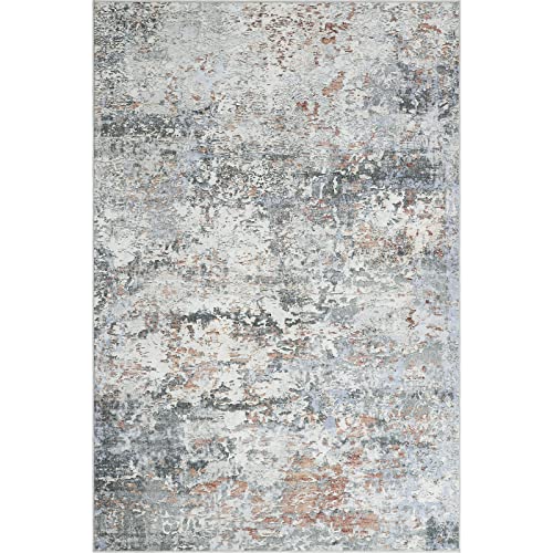 Miukiki Rugs Washable Area Rug - 9x12 Large Living Room Rug, Non-Slip Ultra-Thin Low Pile Bedroom Mat, Abstract Lightweight Floor Carpet for Dining Room Kitchen (Orange/Grey, 9' x 12')