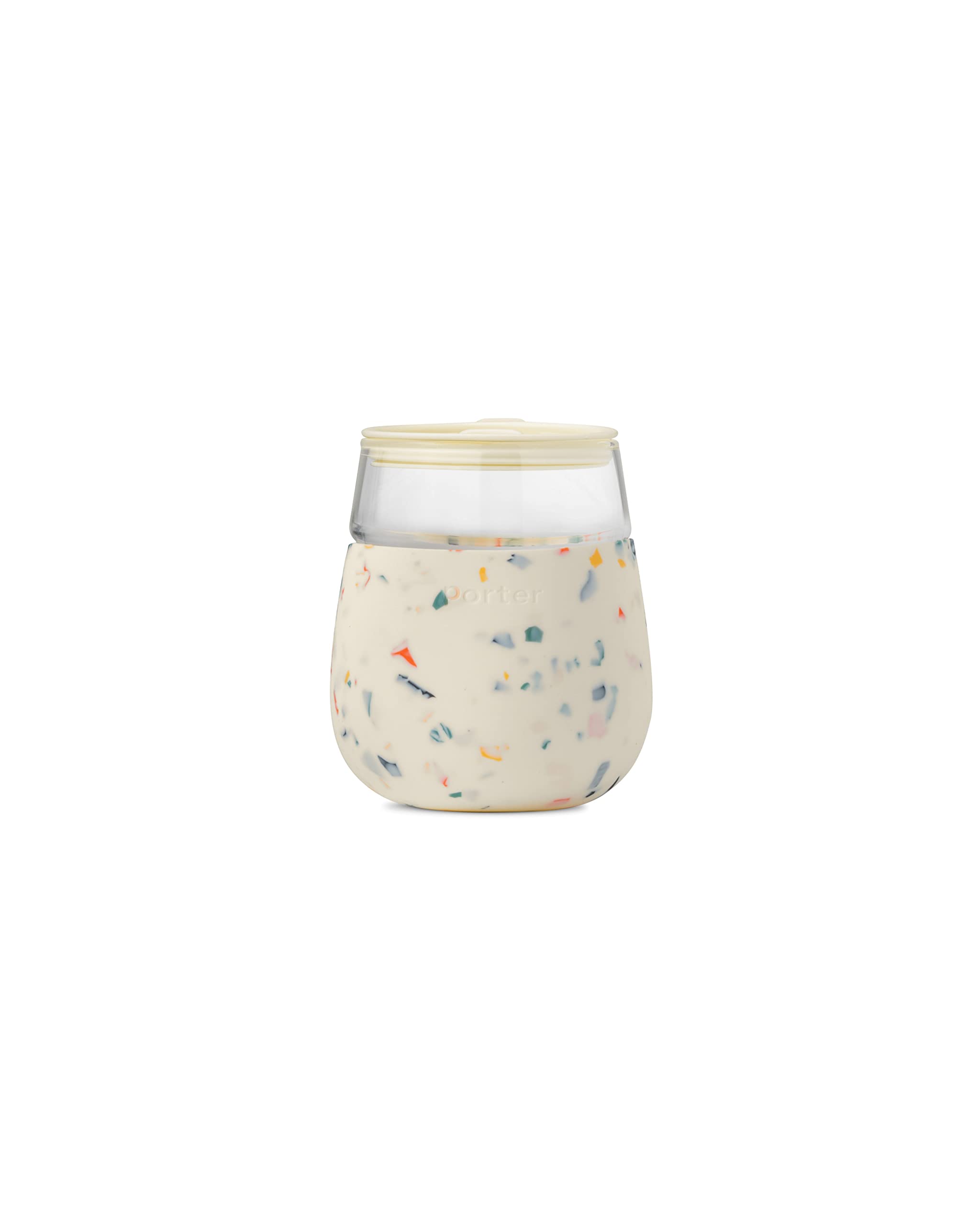 W&P Porter Portable Cocktail Glass with Protective Silicone Sleeve, Terrazzo Cream, 15 Ounces, On-the-Go, Reusable Wine Tumbler with Slide-lock Lid, Dishwasher Safe, 15 oz