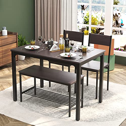 soges 4 Person Dining Table Set,43.3 inch Kitchen Table Set for 4,2 Chairs with Backrest,2-Person Bench with Storage Rack,Nesting Furniture Set for Dining Room and Restaurant, Rustic Oak GCCZ1008