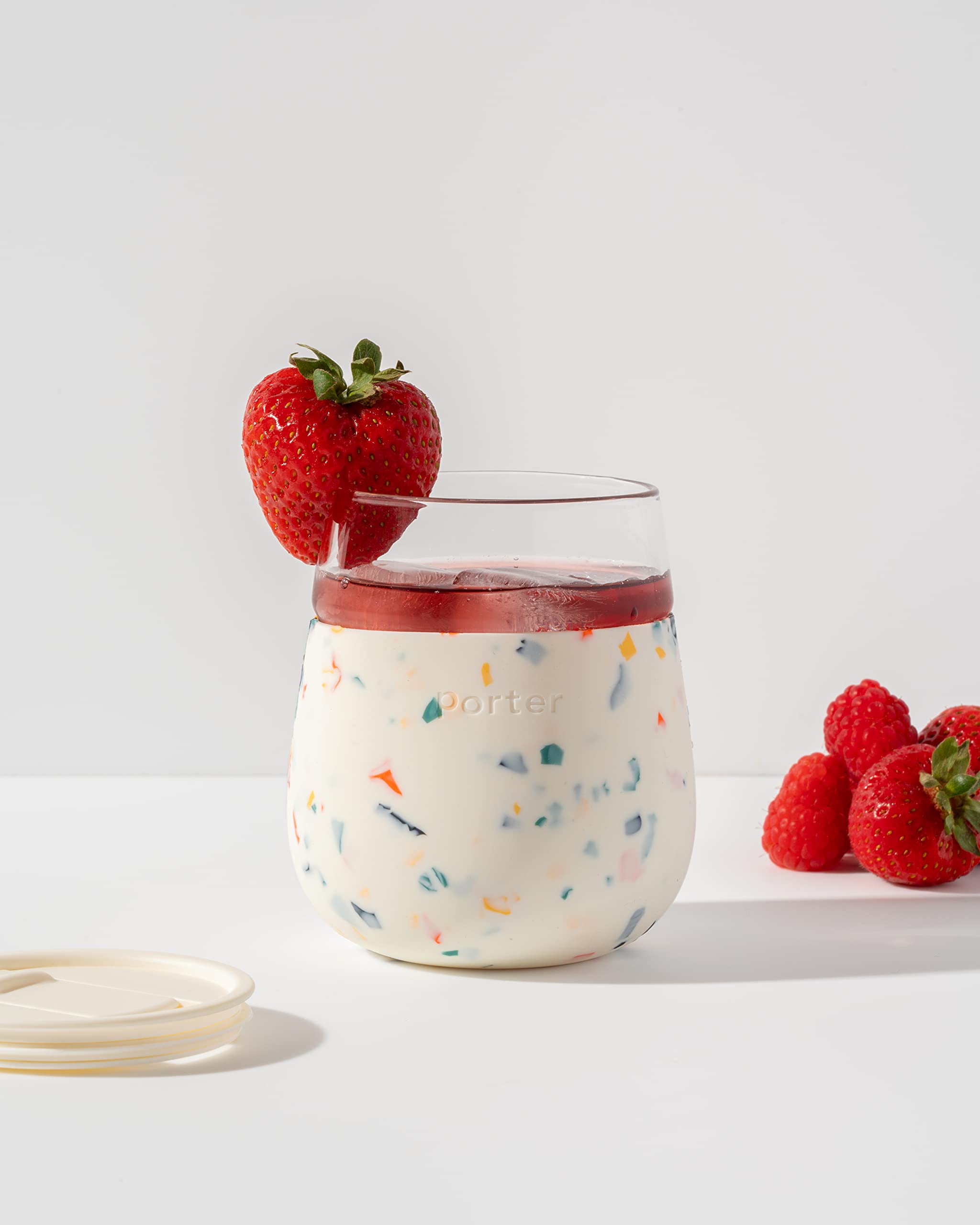 W&P Porter Portable Cocktail Glass with Protective Silicone Sleeve, Terrazzo Cream, 15 Ounces, On-the-Go, Reusable Wine Tumbler with Slide-lock Lid, Dishwasher Safe, 15 oz