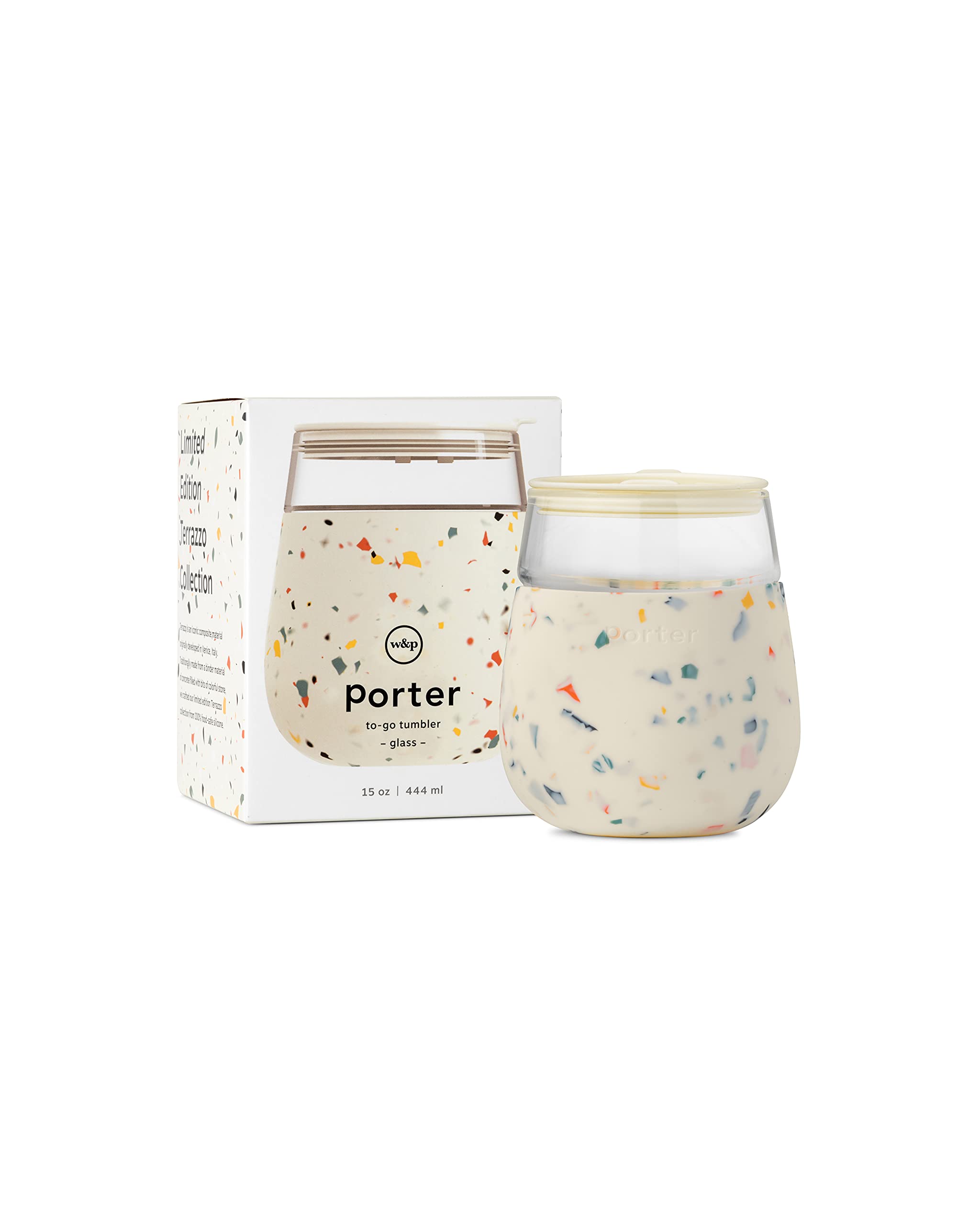 W&P Porter Portable Cocktail Glass with Protective Silicone Sleeve, Terrazzo Cream, 15 Ounces, On-the-Go, Reusable Wine Tumbler with Slide-lock Lid, Dishwasher Safe, 15 oz