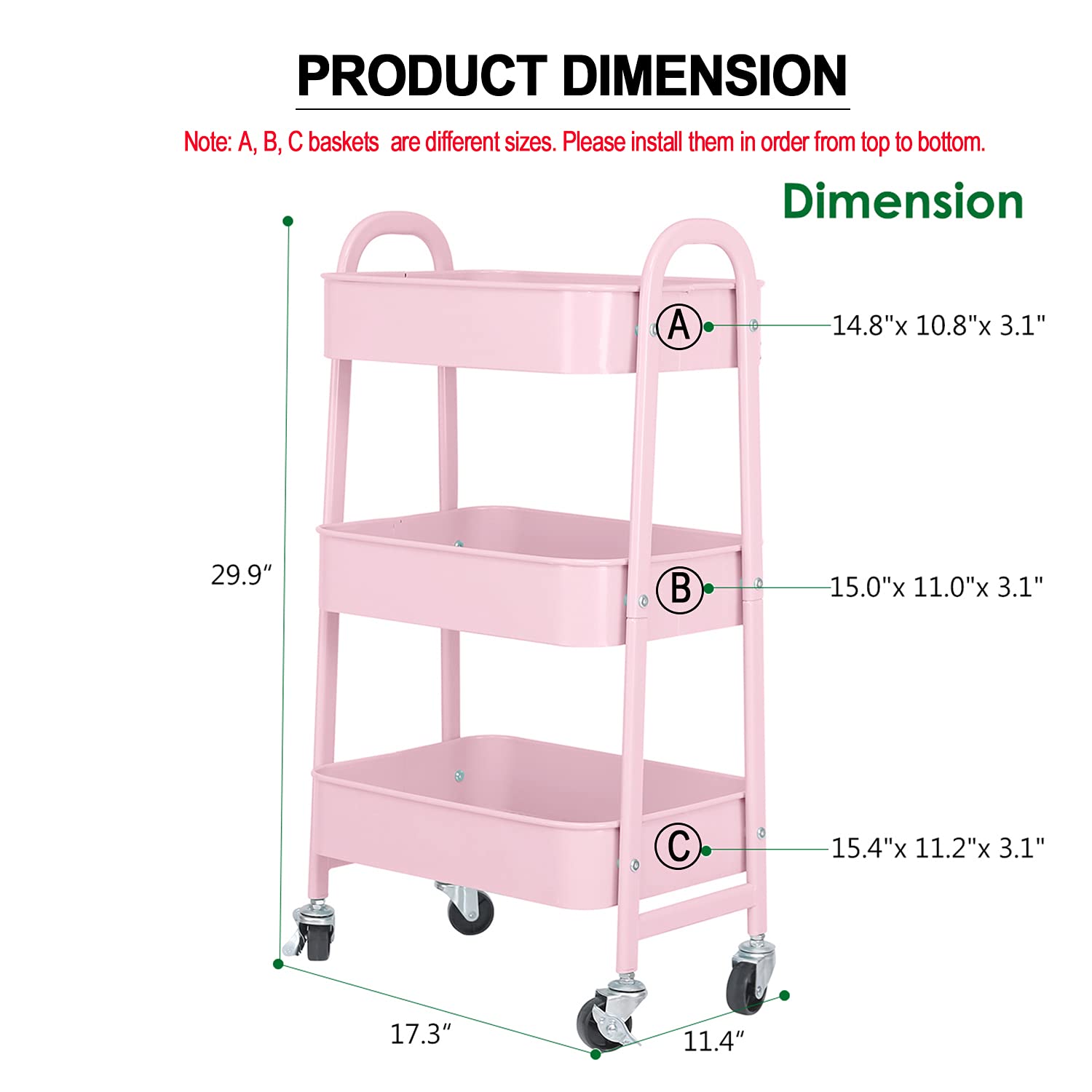 3-Tier Metal Mesh Utility Rolling Cart Storage Organizer with Wheels, Black