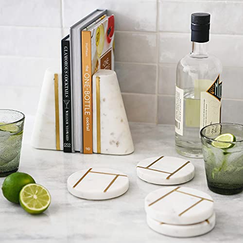 Main + Mesa Geometric Marble Bookends with Brass Inlay, White