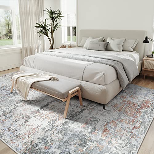 Miukiki Rugs Washable Area Rug - 9x12 Large Living Room Rug, Non-Slip Ultra-Thin Low Pile Bedroom Mat, Abstract Lightweight Floor Carpet for Dining Room Kitchen (Orange/Grey, 9' x 12')