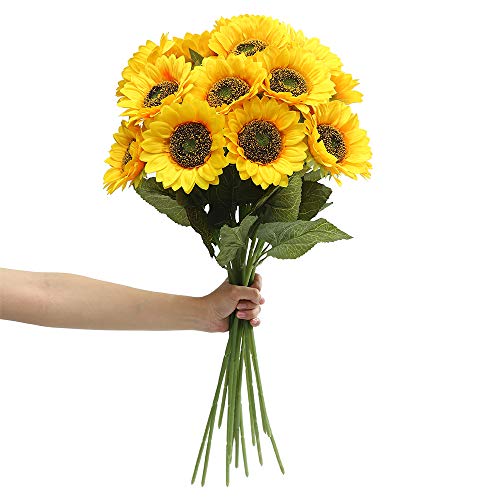Laelfe 6PCS Artificial Sunflower Flowers Long Stem Silk Fake Sunflowers Decoration for Outdoor Home Wedding Birthday Party Single Bulk Yellow Decor(Dark Center)