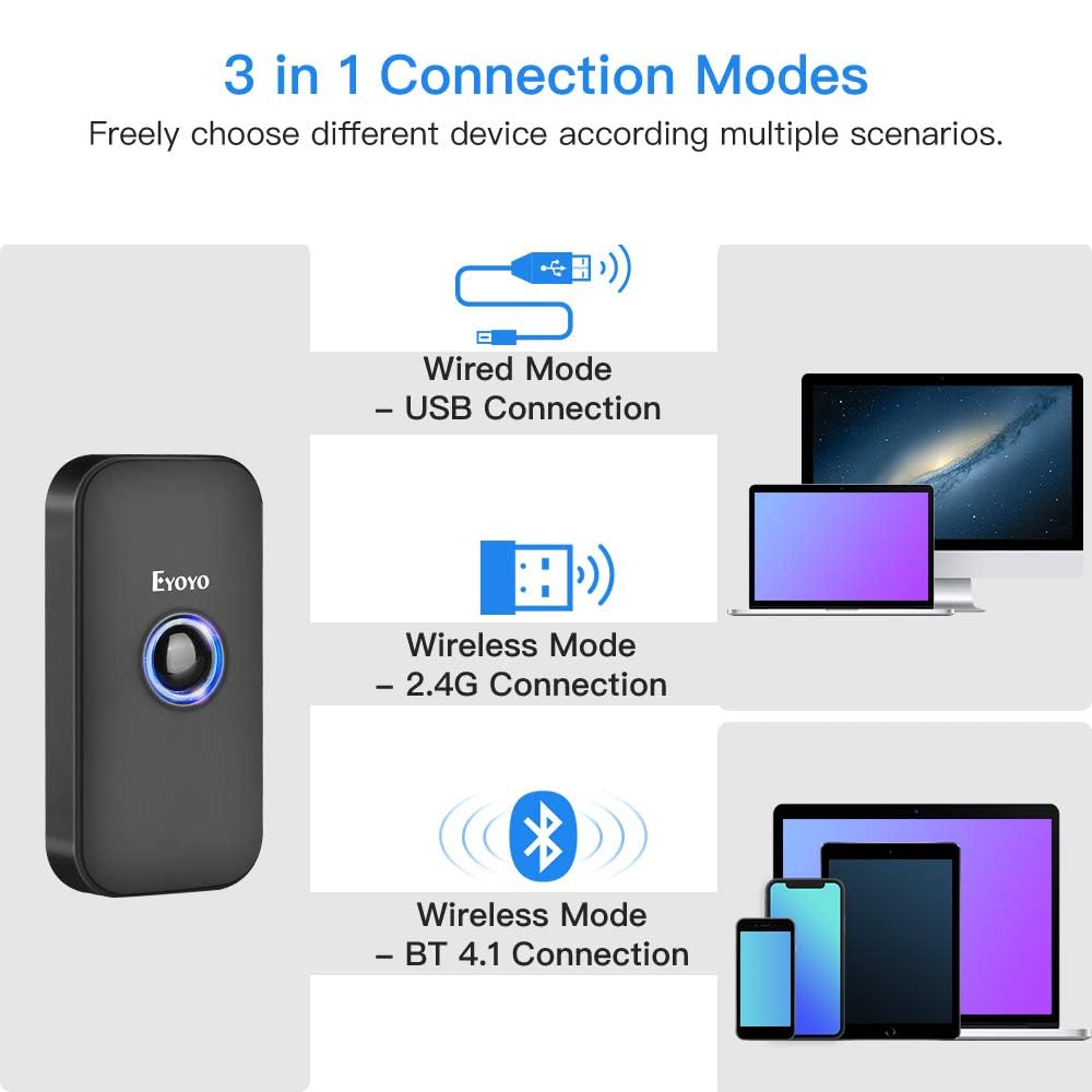 Eyoyo Mini 1D Bluetooth Barcode Scanner, 3-in-1 Bluetooth & USB Wired & 2.4G Wireless Barcode Reader Portable Bar Code Scanning Work with Windows, Android, iOS, Tablets or Computers