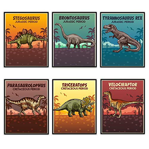 Dinosaurs - Set of Six Prints - 8x10 Unframed Art Prints - Makes a Great Gift Under $20 for Jurassic Boy's Room Wall Decor