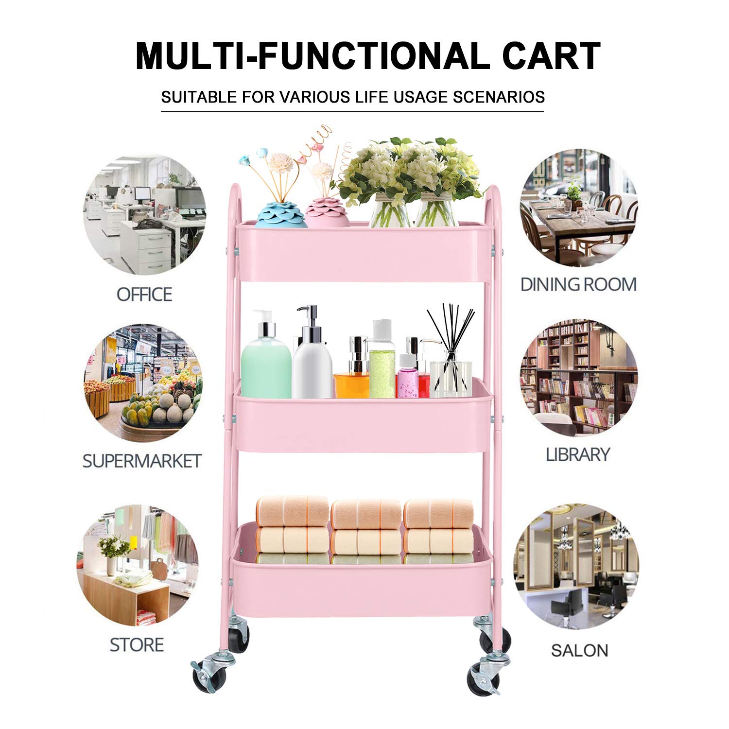 3-Tier Metal Mesh Utility Rolling Cart Storage Organizer with Wheels, Black