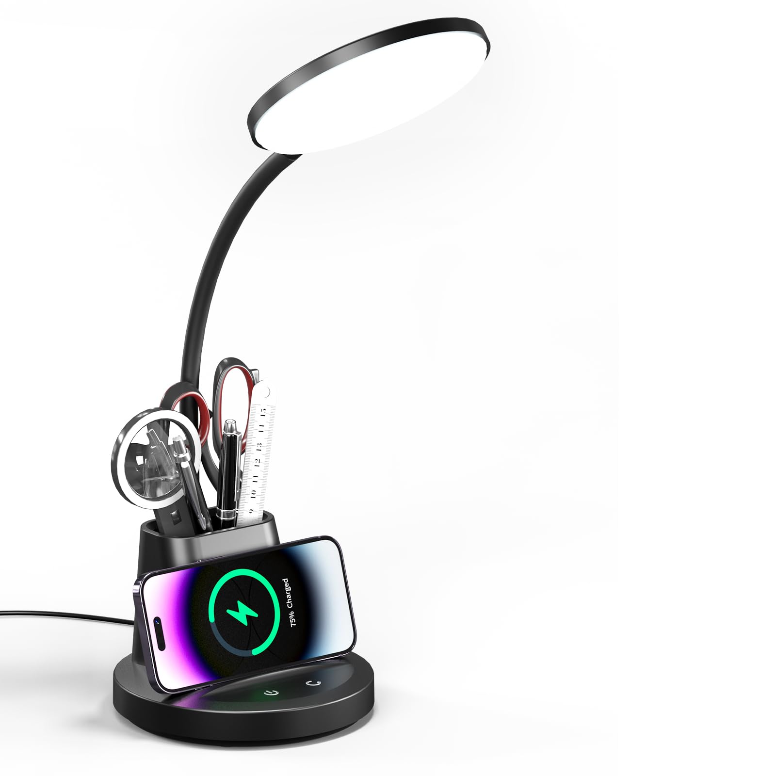 Vicsoon LED Desk Lamp with Wireless Charger, Desk Lamp for Home Office with Pen Phone Holder, Flexible Arm Dimmable 3 Color Modes Eye Caring Small Study Desk Light for College Dorm, 800 Lumens CRI 90