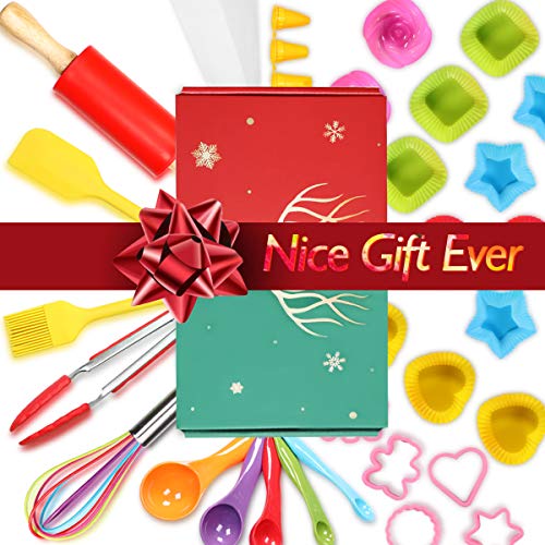 Shacoryze Kids Cooking and Baking Set 40 Pcs with Gift Box, Real Kitchen Utensils Kit for Children Toddlers Teens, Gift for Girls&Boys, Nonstick Rolling Pin Silicone Pastry Mat Cupcake Molds
