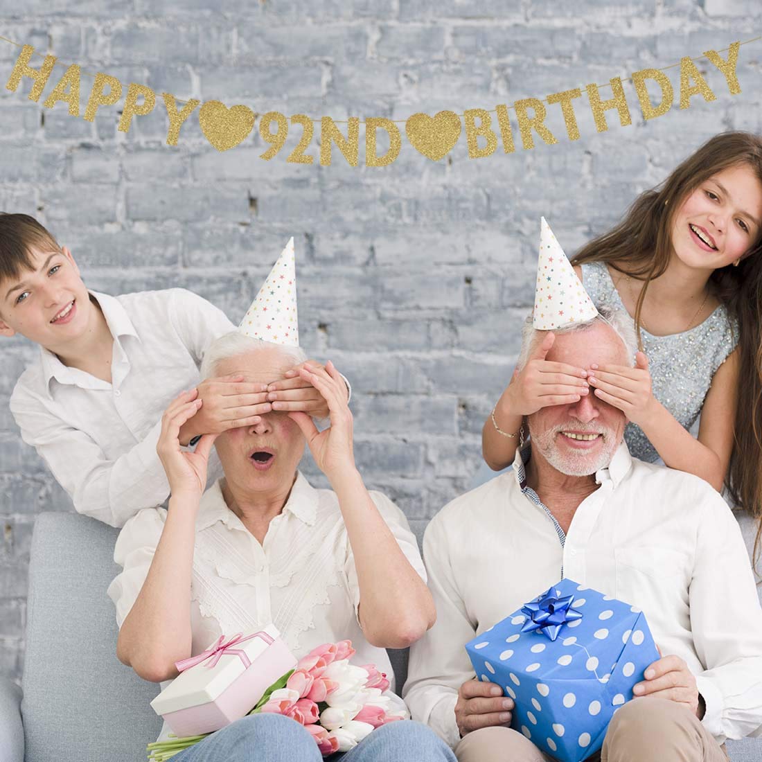 Rose Gold 92nd Birthday Banner, Glitter Happy 92 Years Old Woman or Man Party Decorations, Supplies