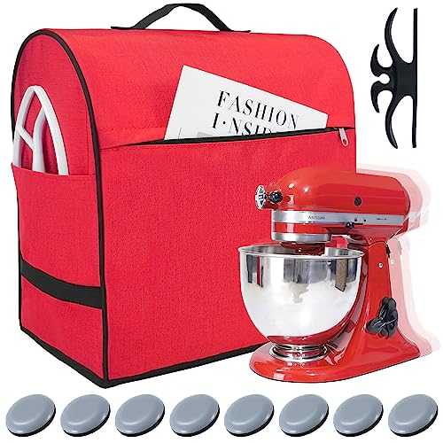 Stand Mixer Cover, Kitchen Aid Mixer Cover Compatible with 4.5-5 Qt Tilt-Head Stand Mixer, Dust Cover with 3 Pockets & 8 Pcs Appliance Sliders, Kitchen Aid Mixer Accessories, Red
