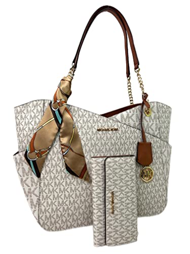 MICHAEL Michael Kors Jet Set Travel Large Chain Shoulder Tote bundled with Michael Kors Jet Set Travel Trifold Wallet (Signature MK Vanilla)