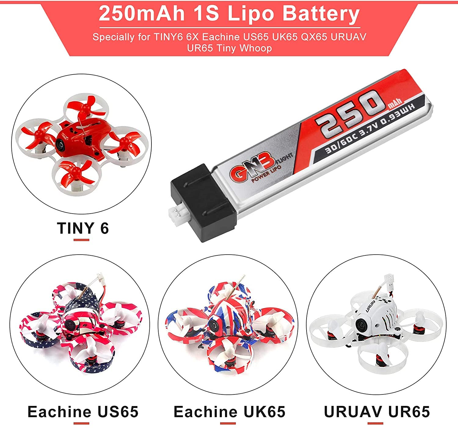 4pcs 250mAh 1S LiPo Battery 3.7V 30C Blade Inductrix Battery Micro JST 1.25 Connector for Kingkong Tiny 6 Tiny Whoop FPV Racing Drone