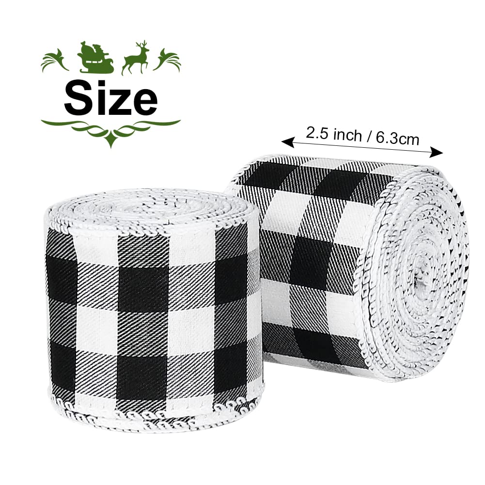 Tenn Well Black and White Plaid Ribbon, 19.6 Yards 2.5 inch Wired Christmas Buffalo Check Ribbon for Bow Making, Gift Wrapping, Wreath, Christmas Tree Decoration (2 Roll x 9.8 Yards)