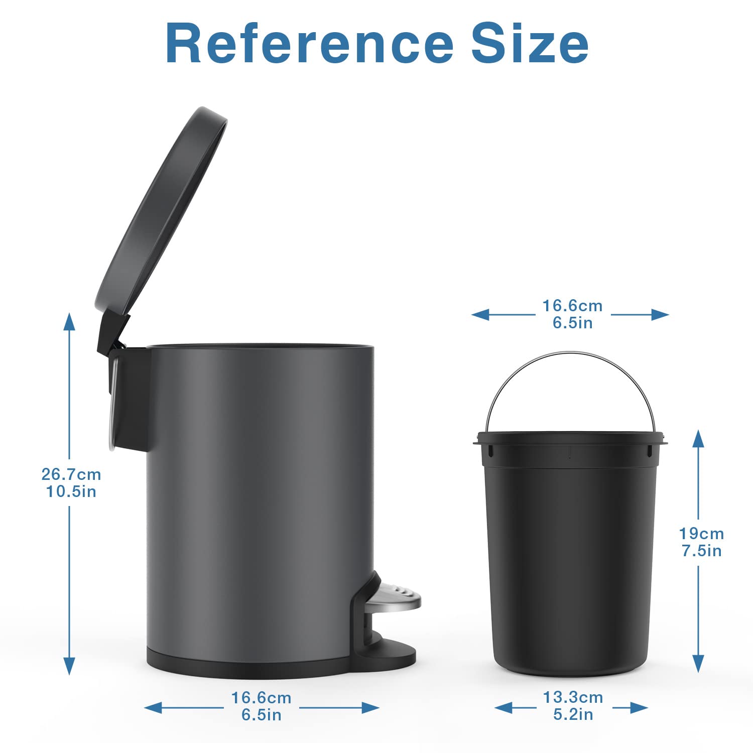 H+lux Small Trash Can with Lid Soft Close, Foot Pedal Round Bathroom Garbage Can with Stainless Steel Removable Inner Wastebasket, Anti-Fingerprint Matt Finish, 0.8Gal/3L, Black