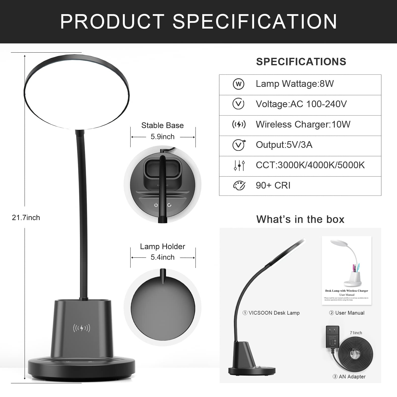 Vicsoon LED Desk Lamp with Wireless Charger, Desk Lamp for Home Office with Pen Phone Holder, Flexible Arm Dimmable 3 Color Modes Eye Caring Small Study Desk Light for College Dorm, 800 Lumens CRI 90