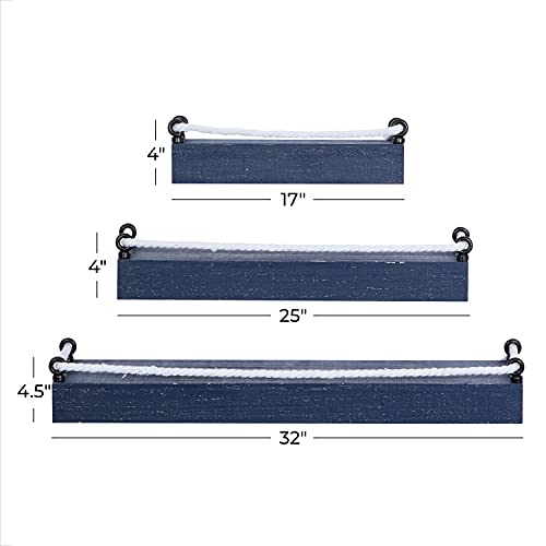 Deco 79 Wood 3 Shelves Wall Shelf with Knotted Rope, Set of 3 32", 25", 17"W, Blue