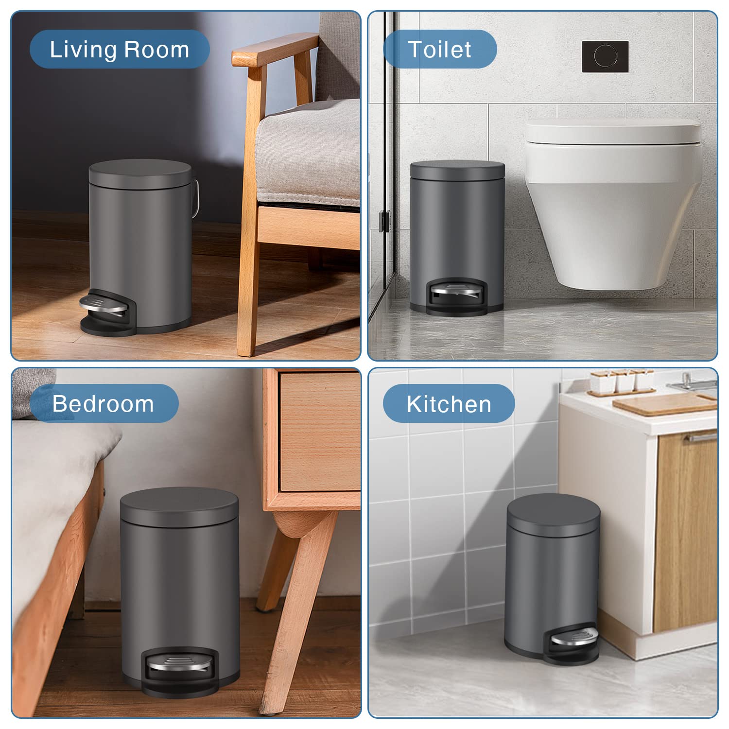 H+lux Small Trash Can with Lid Soft Close, Foot Pedal Round Bathroom Garbage Can with Stainless Steel Removable Inner Wastebasket, Anti-Fingerprint Matt Finish, 0.8Gal/3L, Black