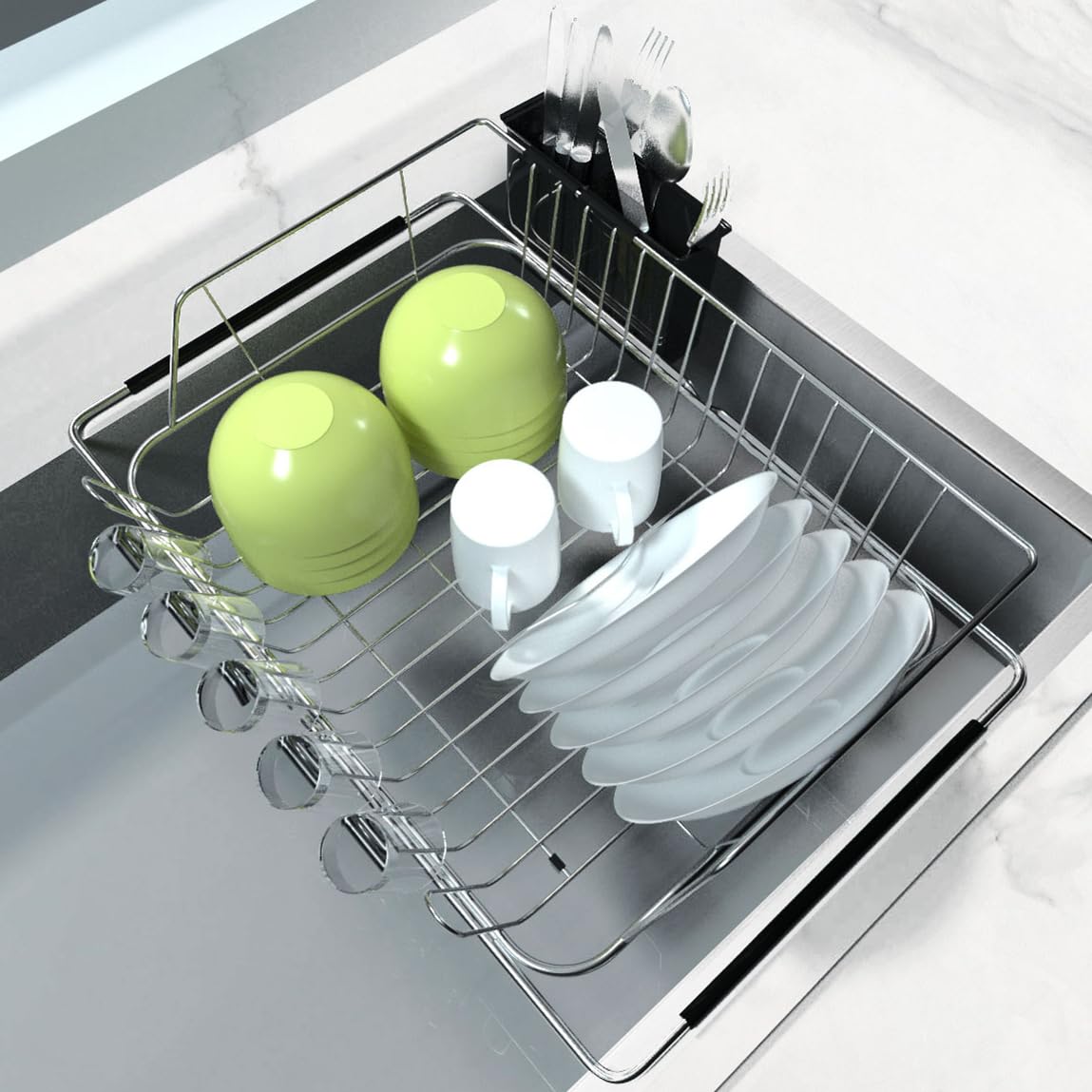 DOLRIS Dish Drying Rack, Dish Drainer for Kitchen Counter, SUS304 Stainless Steel Dish Rack with Utensil Holder and Dish Drying Mat, Silver