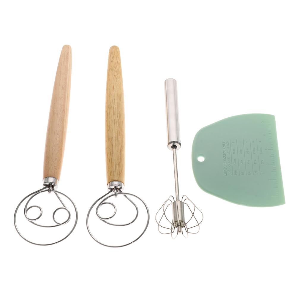 Vctitil 4Pcs Dough Whisk Bread Mixer&Egg Whisk Kits,Bread Making Tools Set,Dutch Whisk,Hand Rotary Whisk,with a Dough Scraper,Ideal for Baking,Pastry(4pcs)