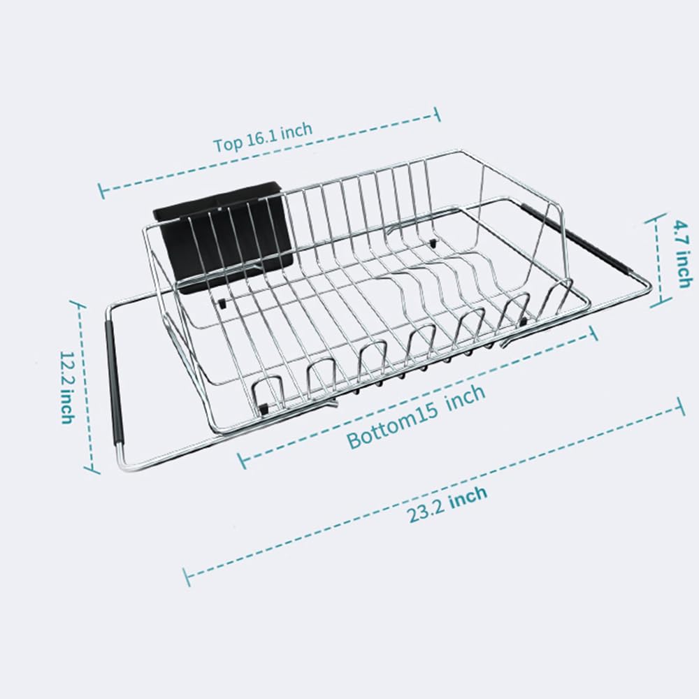 DOLRIS Dish Drying Rack, Dish Drainer for Kitchen Counter, SUS304 Stainless Steel Dish Rack with Utensil Holder and Dish Drying Mat, Silver