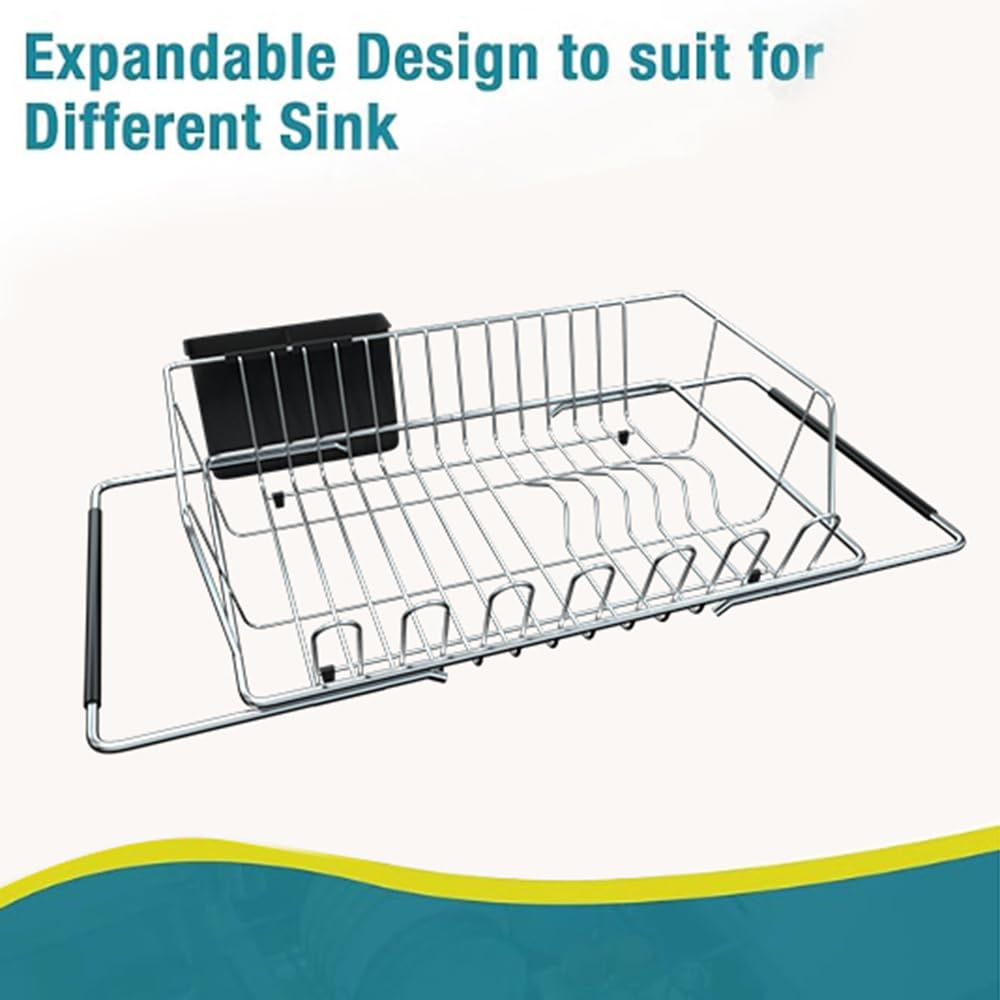 DOLRIS Dish Drying Rack, Dish Drainer for Kitchen Counter, SUS304 Stainless Steel Dish Rack with Utensil Holder and Dish Drying Mat, Silver