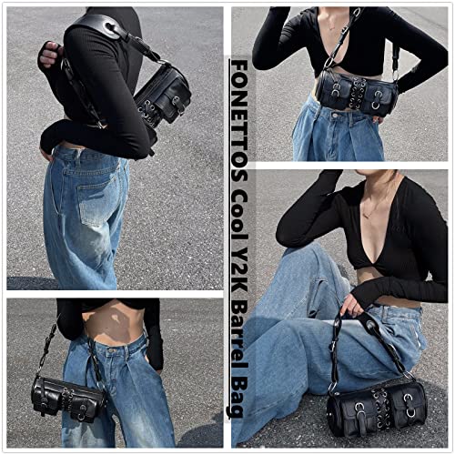 FONETTOS Y2K Barrel Bag, Punk Sourpuss Gothic Shoulder Purse Cool Rock Style Handbag