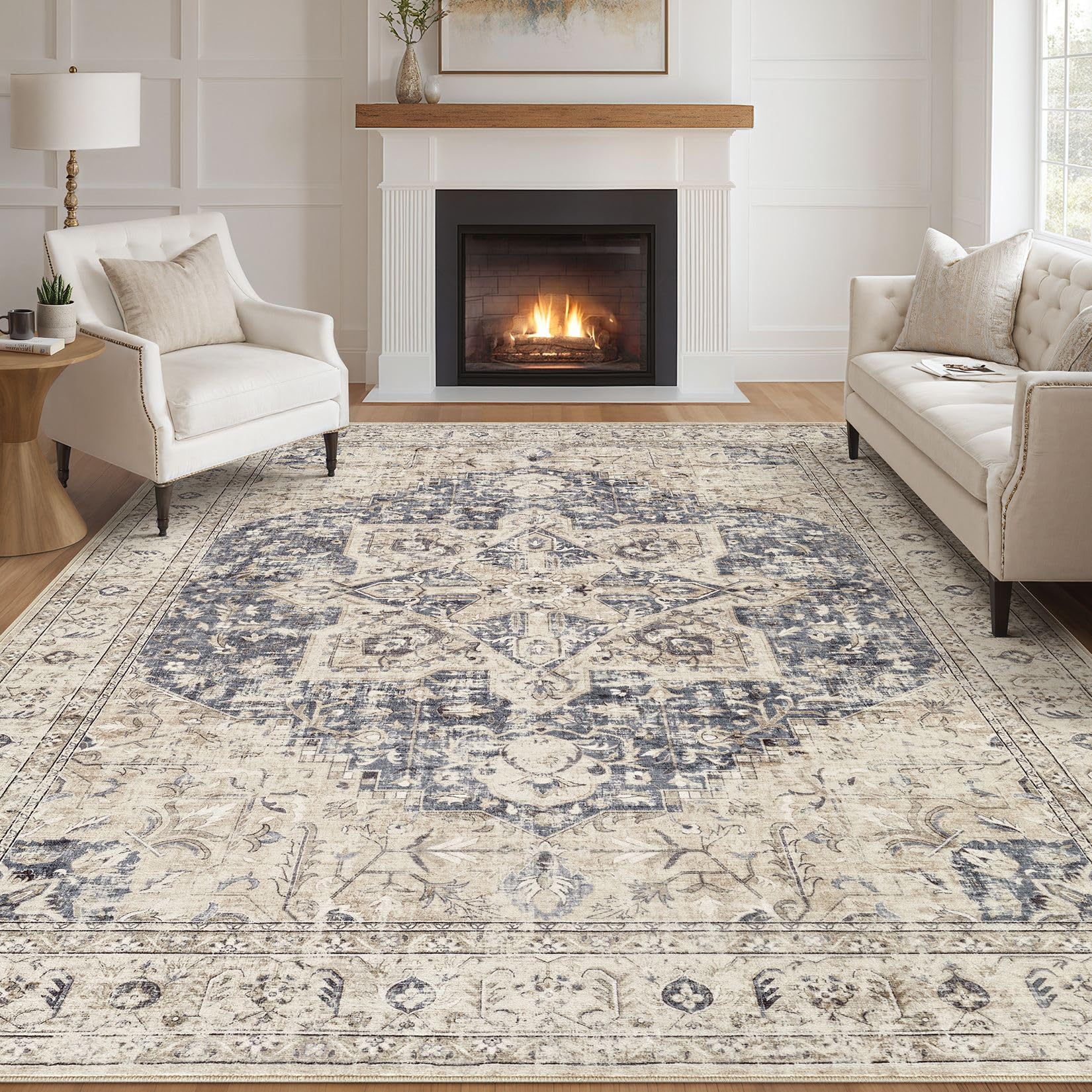Area Rug for Living Room - 9x12 Washable Boho Vintage Oriental Distressed Farmhouse Large Thin Indoor Carpet for Bedroom Under Dining Table Home Office - Cream Blue