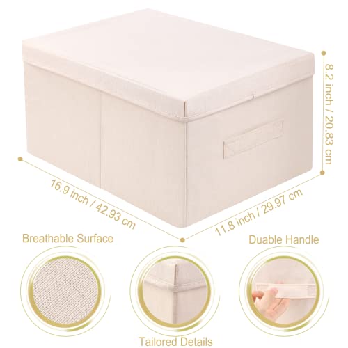 Storage Bin 2 Pack, Large Storage Bins with Lids, Vailando Decorative Storage Boxes Fabric Cotton Linen Collapsible Basket for Bedroom Closet Shelves Office Nursery ( Beige)