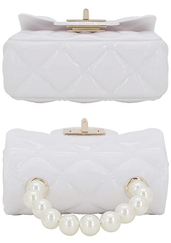 Mini Jelly Purse Flap Handbag with Pearls Top Handle Faux Quilted Crossbody Bag White