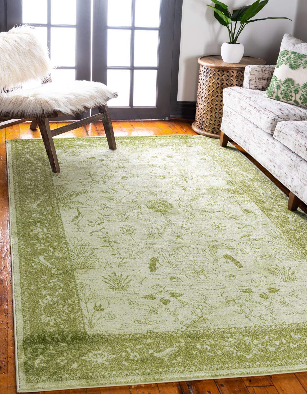 Unique Loom La Jolla Collection Farmhouse, Contemporary, Botanical, Traditional, Vintage Area Rug, 9 x 12 ft, Light Green/Green
