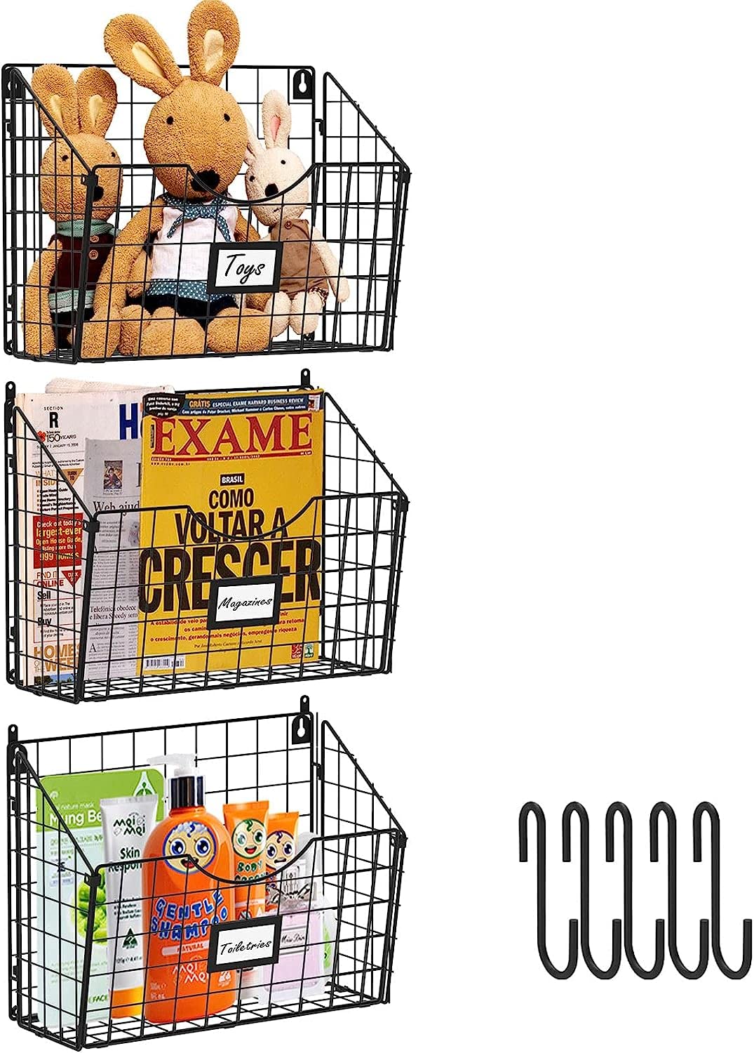 Hanging Metal Wire Storage Basket - X-cosrack 3 Tier Office Wall File Organizer With Hook & Foldable Magazine Mail Document Rack & Bathroom Kitchen Vegetable Fruit Spice Baskets Organizing and Storage