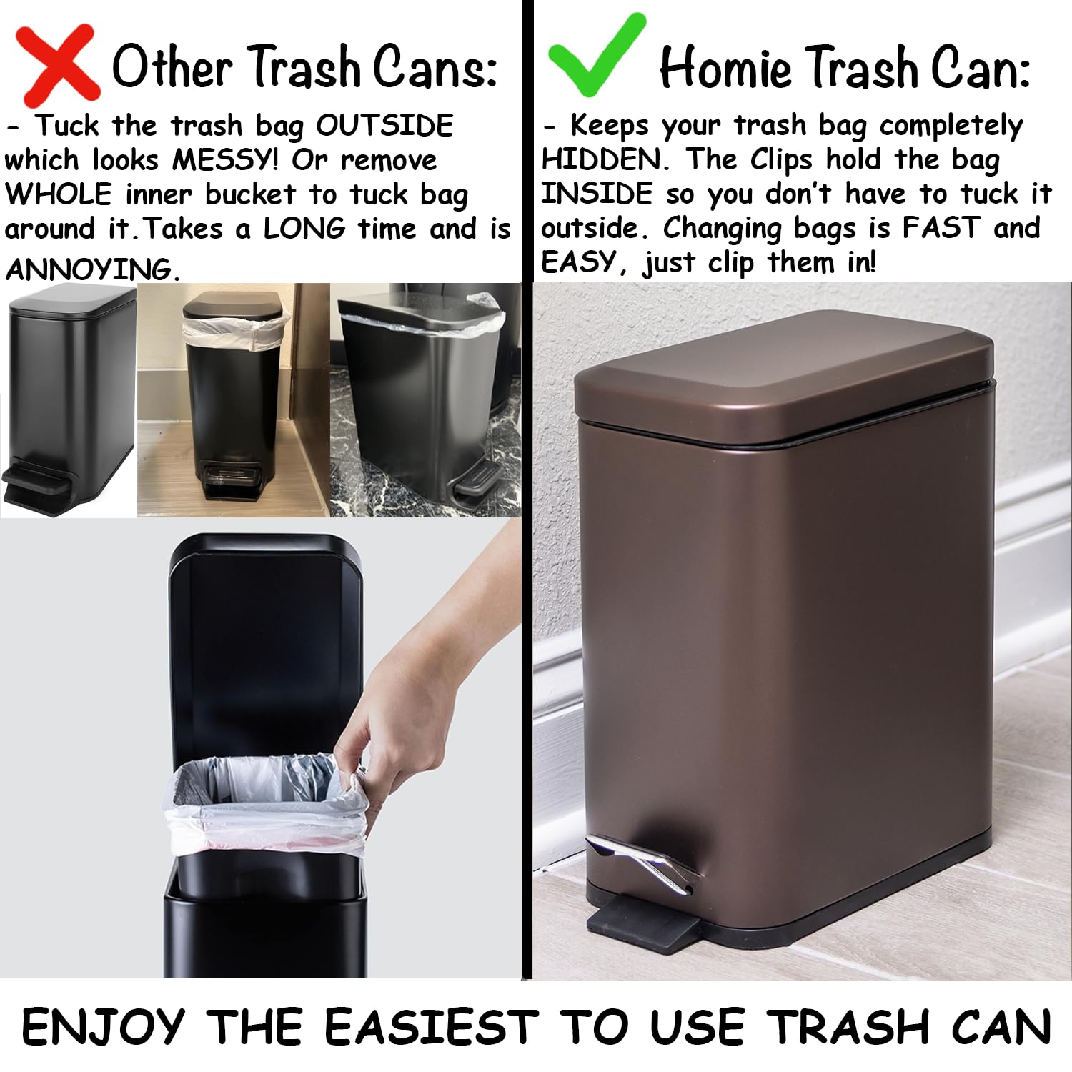 Homie Soft Close, Rectangular Trash Can 5L with Anti - Bag Slip Liner and Lid, Use as Mini Garbage Basket, Slim Dust Bin, or Decor in Bathroom, Restroom, Kitchen, or Bedroom (Bronze)
