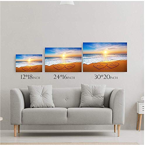 Heart and Heart at Beautiful Sunrise Unique Personalized Photo or Canvas Prints with Couple's Names and Special Date on Beach,Perfect Present Love Gift for Anniversary,Wedding,Birthday and Holidays