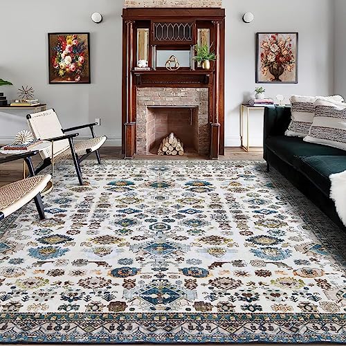 RUGSREAL 9x12 Blue Area Rug, Traditional Washable, Vintage Distressed, Kitchen Floor Cover, Foldable, Indoor Mat