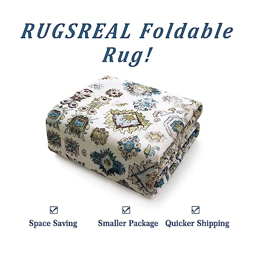 RUGSREAL 9x12 Blue Area Rug, Traditional Washable, Vintage Distressed, Kitchen Floor Cover, Foldable, Indoor Mat