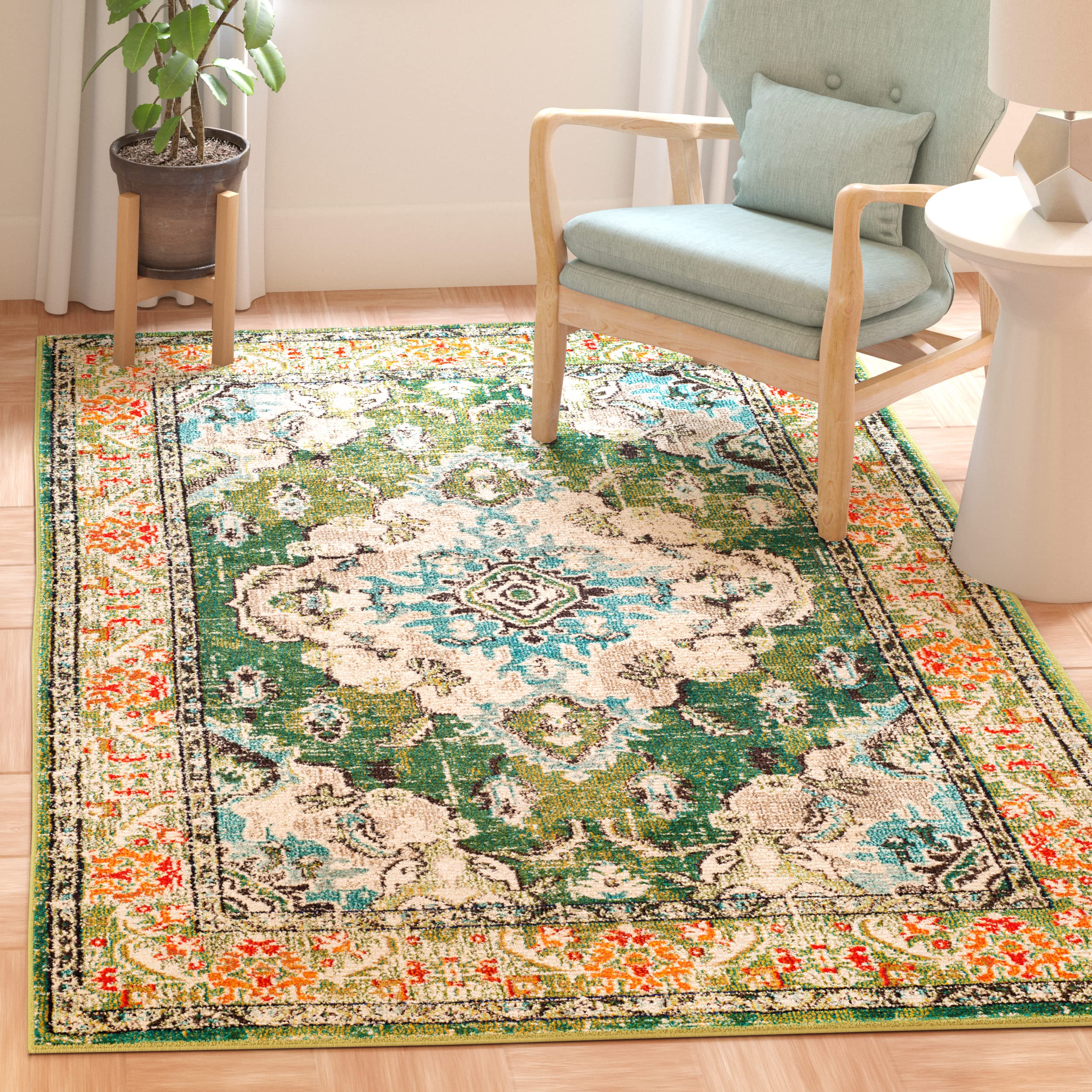SAFAVIEH Monaco Collection Area Rug - 9' x 12', Forest Green & Light Blue, Boho Medallion Distressed Design, Non-Shedding & Easy Care, Ideal for High Traffic Areas in Living Room, Bedroom (MNC243F)
