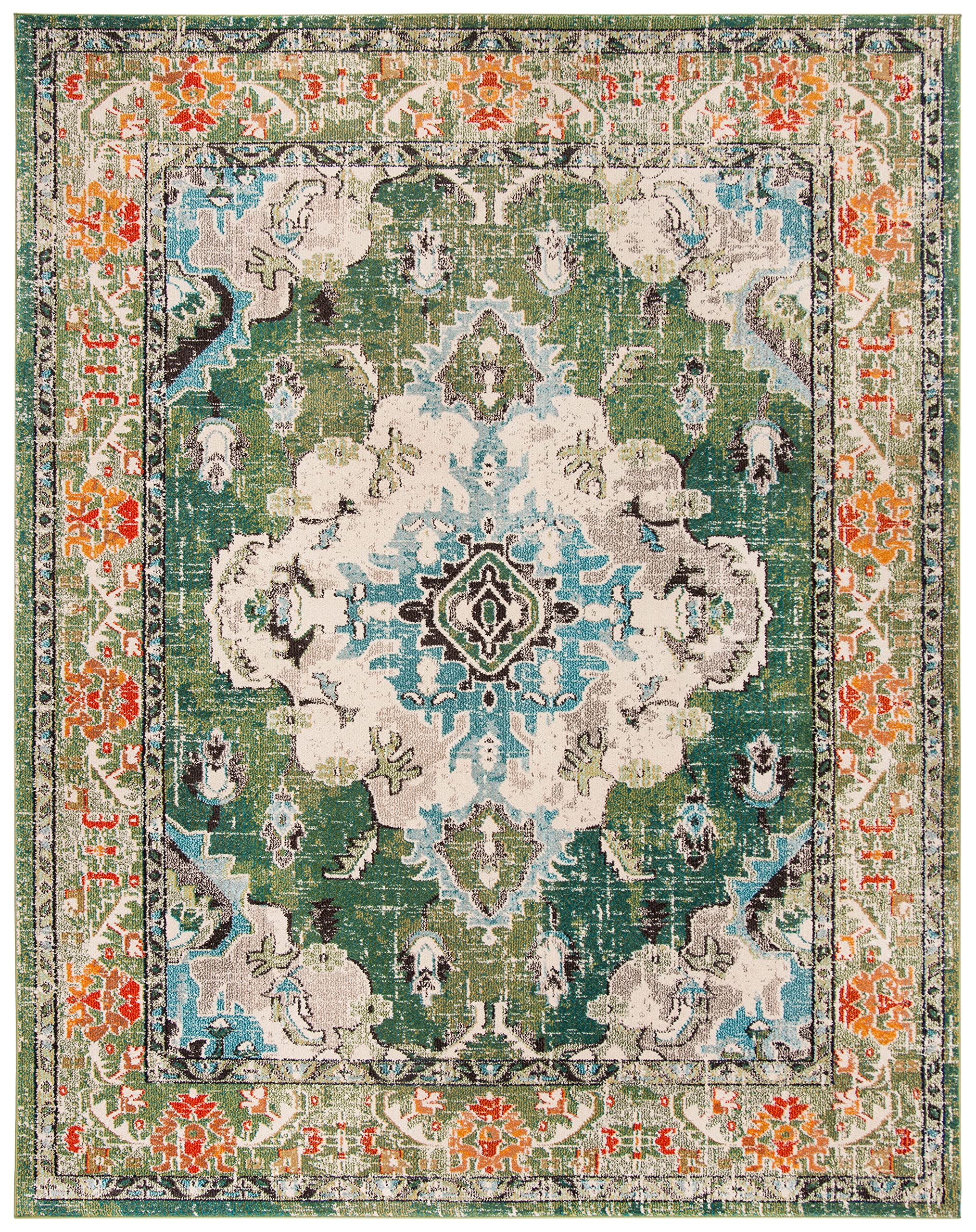 SAFAVIEH Monaco Collection Area Rug - 9' x 12', Forest Green & Light Blue, Boho Medallion Distressed Design, Non-Shedding & Easy Care, Ideal for High Traffic Areas in Living Room, Bedroom (MNC243F)