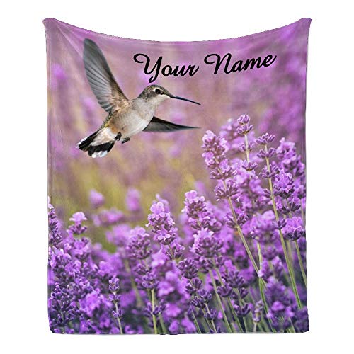 CUXWEOT Custom Blanket with Name Text,Personalized Hummingbird Bird Purple Super Soft Fleece Throw Blanket for Couch Sofa Bed (50 X 60 inches)