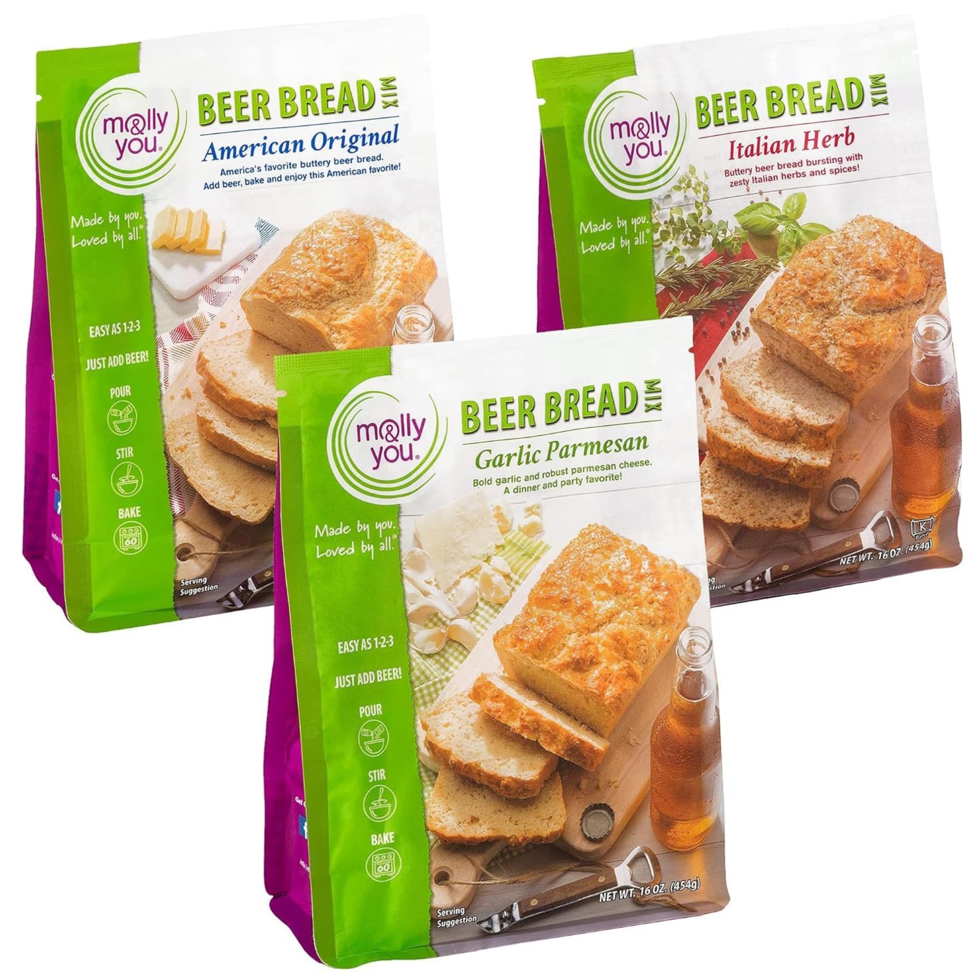 Molly & You Savory Beer Bread Mix Variety Pack (Pack of 3) - A Quick & Easy, Gourmet, Bread Mix, Artisan Bread Kit - No Bread Machine Needed - Just Add Beer or Soda