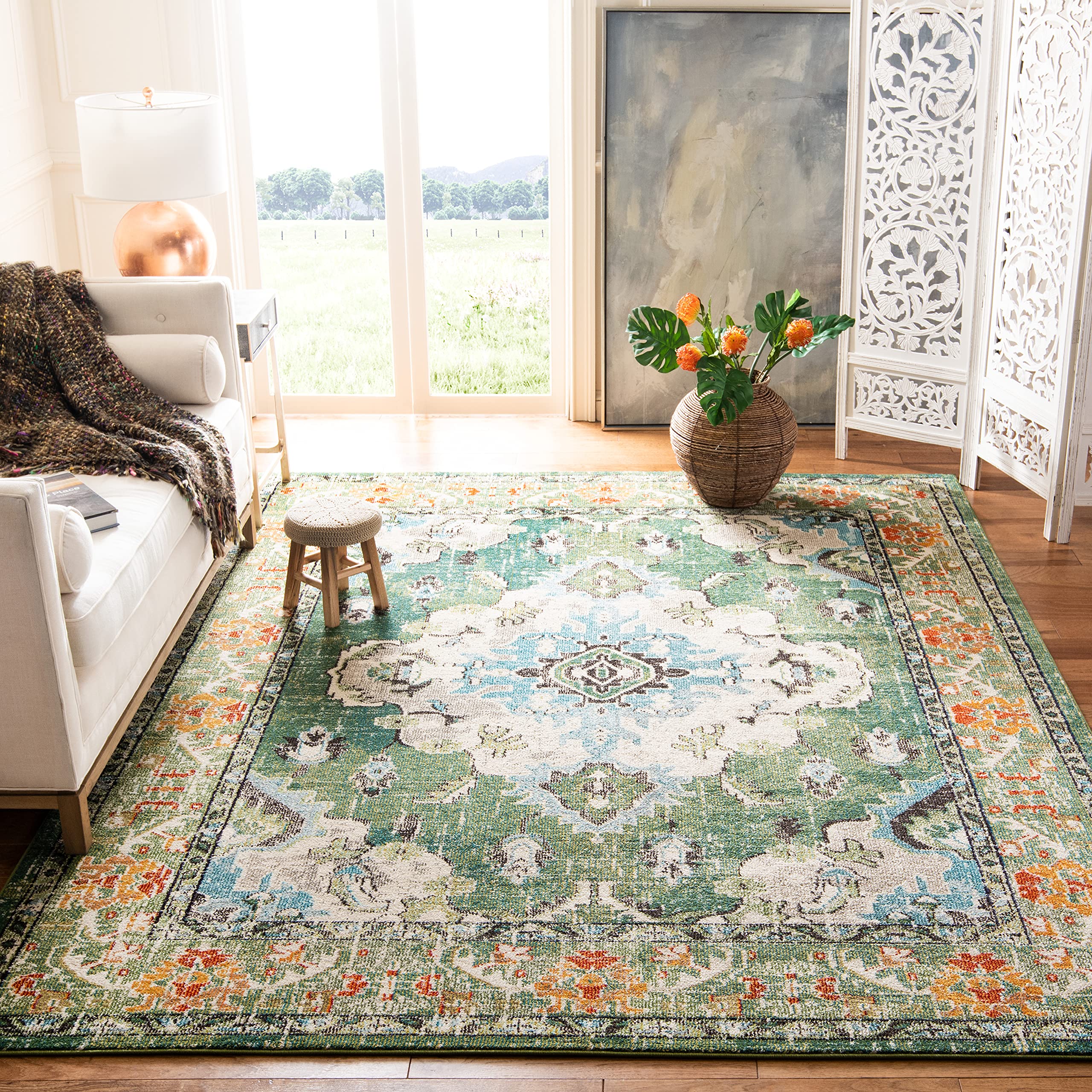 SAFAVIEH Monaco Collection Area Rug - 9' x 12', Forest Green & Light Blue, Boho Medallion Distressed Design, Non-Shedding & Easy Care, Ideal for High Traffic Areas in Living Room, Bedroom (MNC243F)